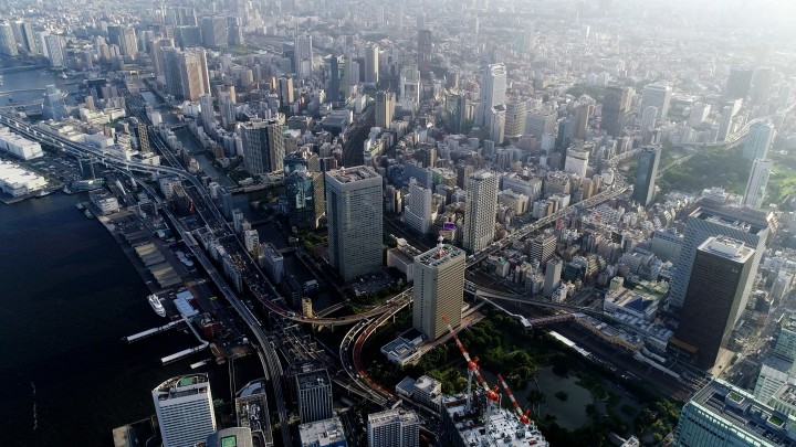 Wide drone shot of modern architecture in the Japanese capital, Tokyo ...